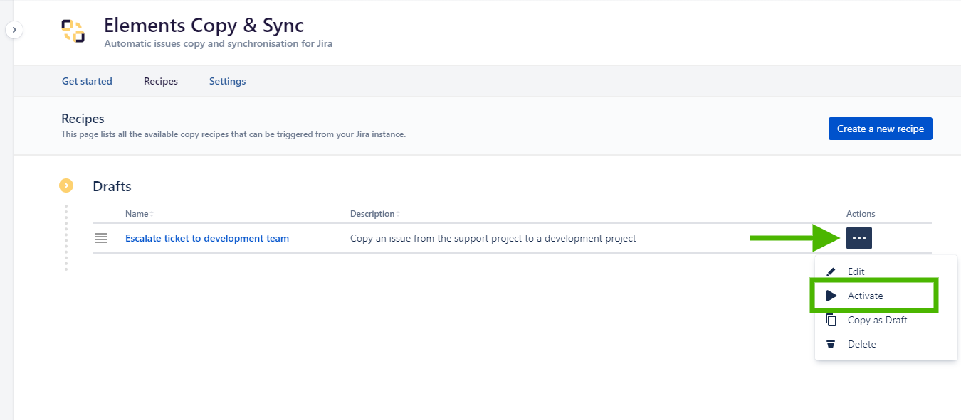 Create and activate a copy recipe