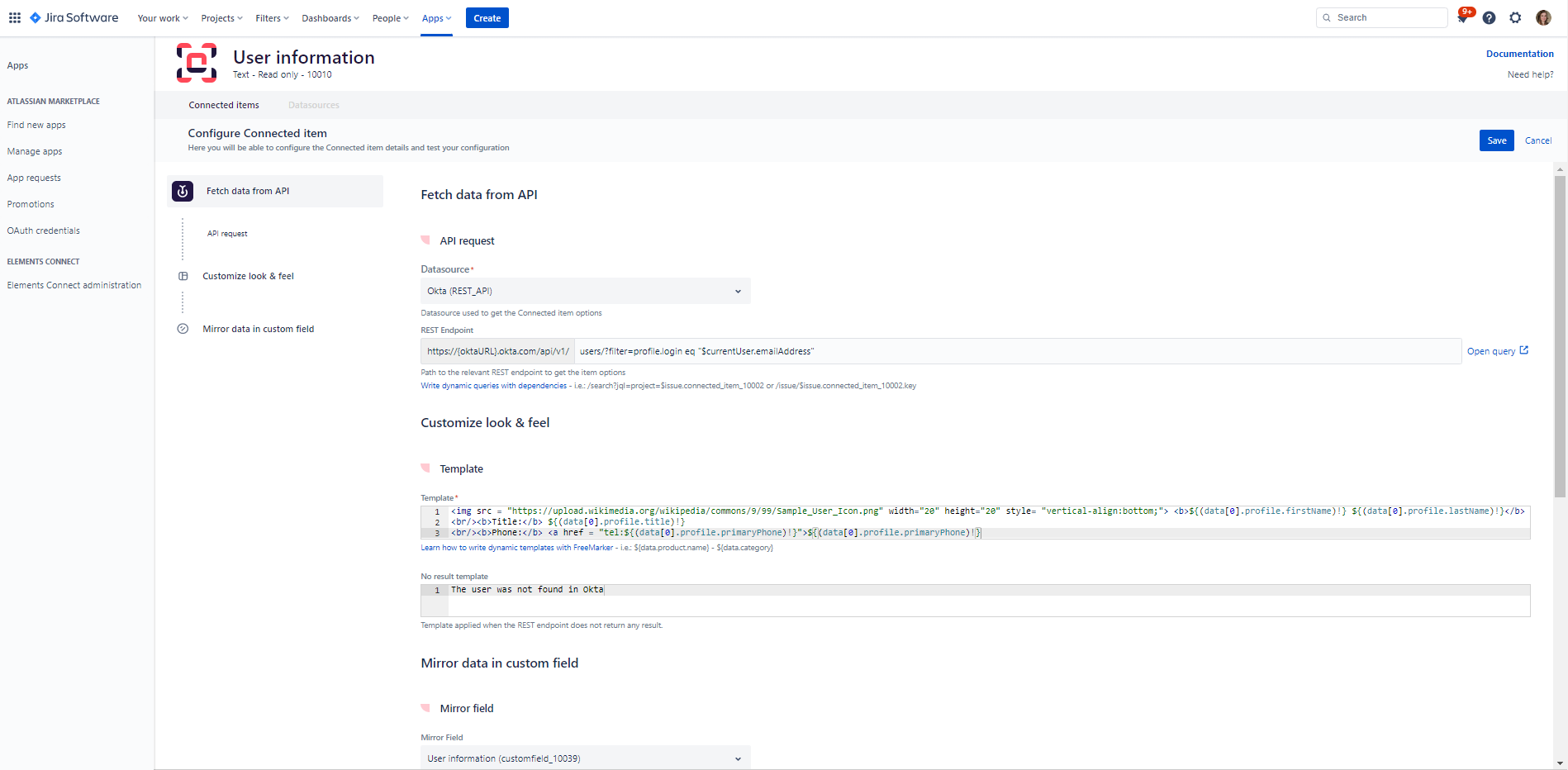 Configure an Okta application selector and fetch user information