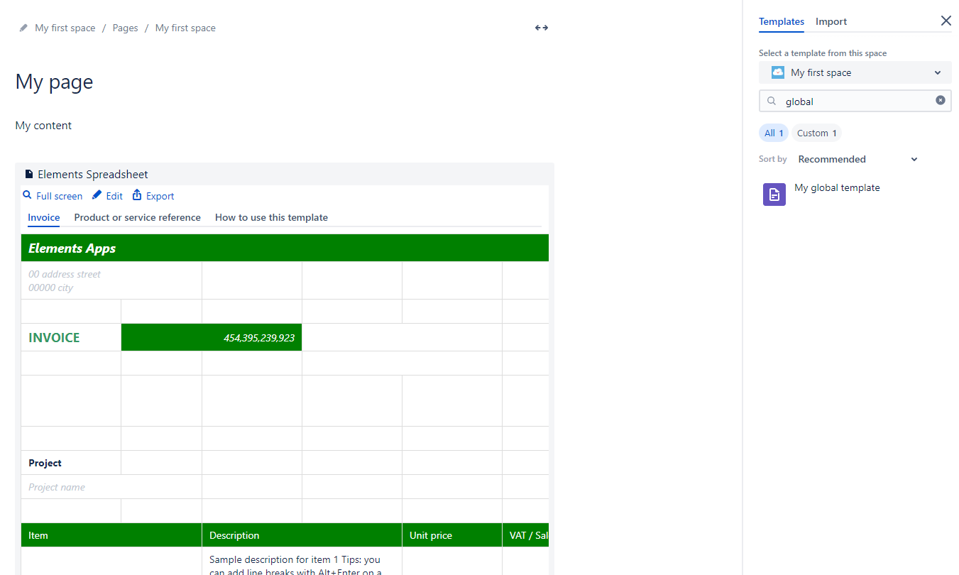 How to edit a Spreadsheet in a Confluence page created from a global template