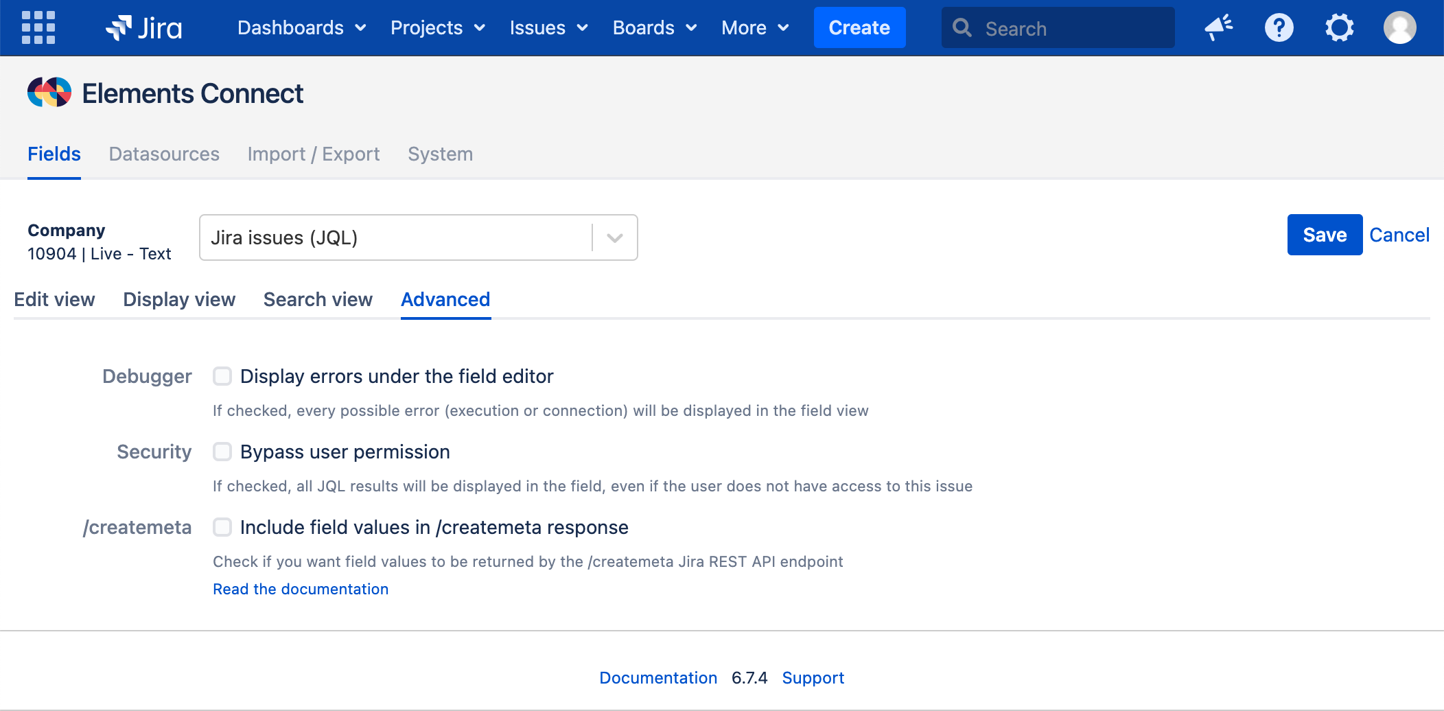 Field configuration screen