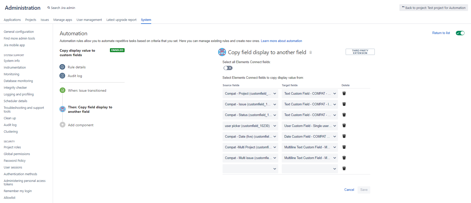 Copy the display value of a Connect field to a custom field with Automation for Jira